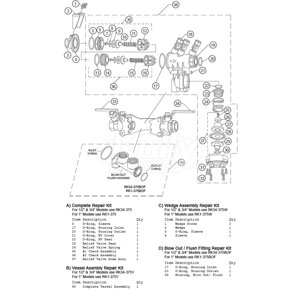 Wilkins 375XL - 1/2", 3/4" & 1" Models Parts Breakdown | ZurnProducts.com